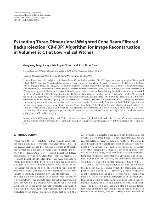 Pdf Extending Three Dimensional Weighted Cone Beam Filtered Backprojection Cb Fbp Algorithm