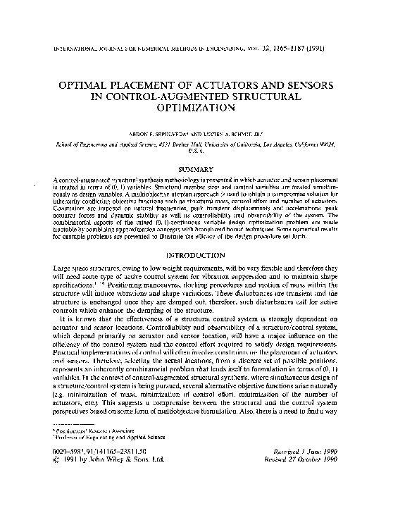 Pdf Optimal Placement Of Actuators And Sensors In Control Augmented