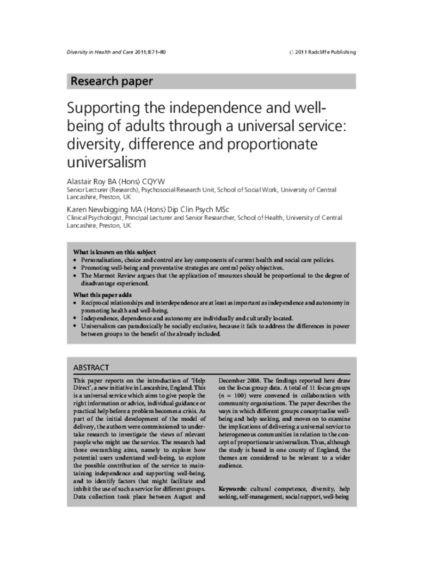 (PDF) Supporting the independence and well- being of adults through a ...