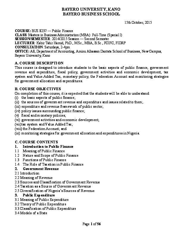 (DOC) BUS 8237 Public Finance Lecture Notes