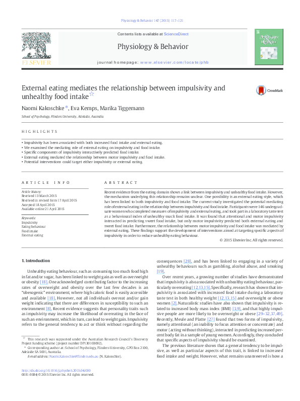 (PDF) External Eating Mediates the Relationship Between Impulsivity and ...