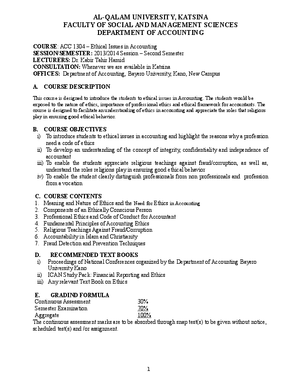 (DOC) ACC 1304 Ethical Issues in Accounting Lecture Notes