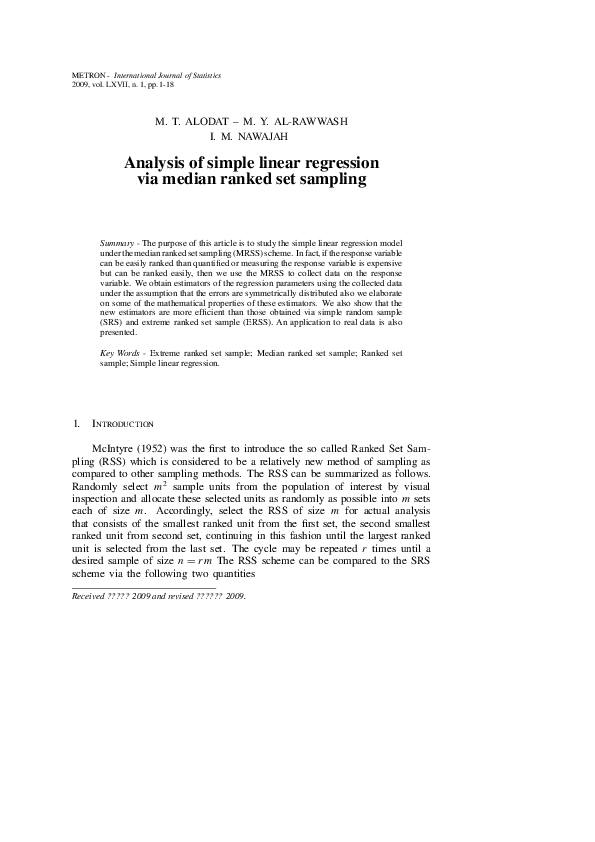 Pdf Inference About The Regression Parameters Using Median Ranked Set Sampling