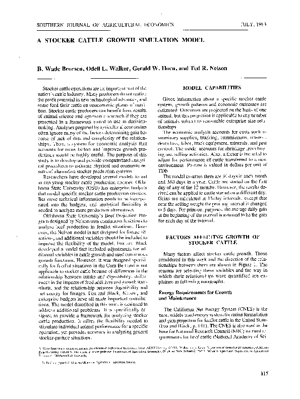(PDF) A STOCKER CATTLE GROWTH SIMULATION MODEL
