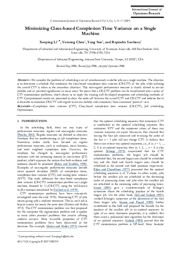 (PDF) Minimizing class-based completion time variance on a single machine