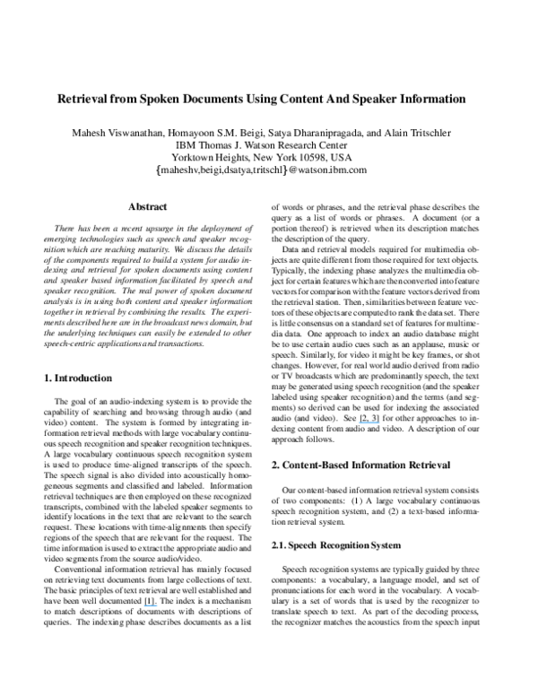 (PDF) Retrieval from spoken documents using content and speaker information | Homayoon Beigi ...