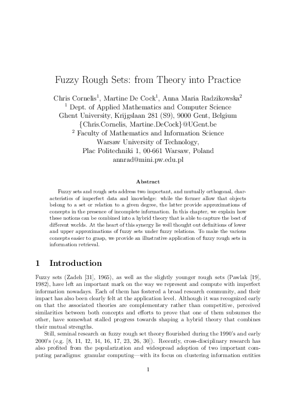 (PDF) Fuzzy Rough Sets: From Theory into Practice