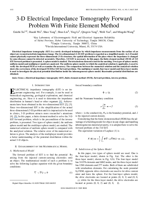(PDF) 3-D electrical impedance tomography forward problem with finite element method