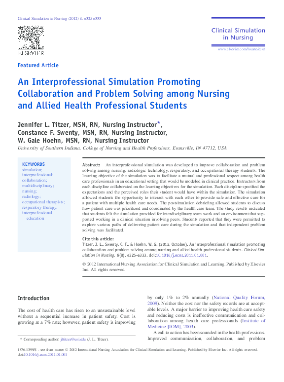 (PDF) An Interprofessional Simulation Promoting Collaboration and Problem Solving among Nursing ...