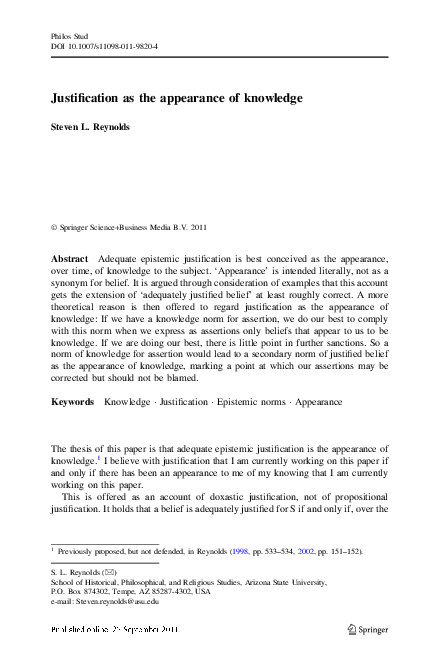 (PDF) Justification as the appearance of knowledge | Steven Reynolds - Academia.edu
