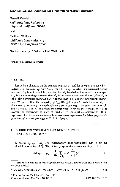 Pdf Inequalities And Identities For Generalized Matrix Functions