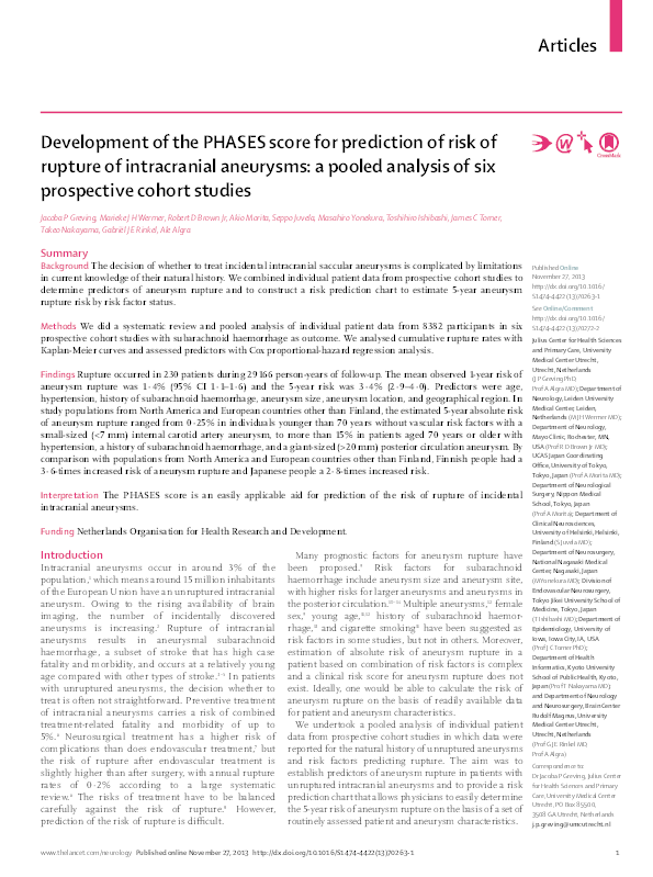 (PDF) Development of the PHASES score for prediction of risk of rupture ...