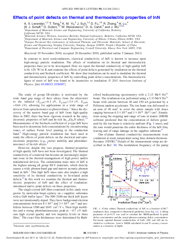 (PDF) Effects of point defects on thermal and thermoelectric properties of InN