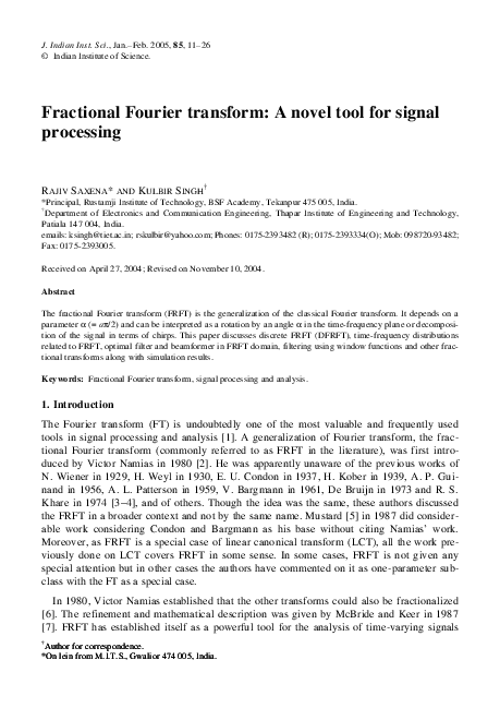Pdf Fractional Fourier Transform A Novel Tool For Signal Processing