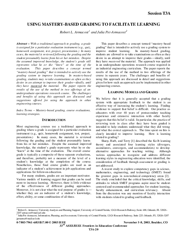 (PDF) Using mastery-based grading to facilitate learning