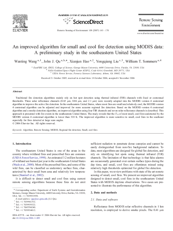 Pdf An Improved Algorithm For Small And Cool Fire Detection Using Modis Data A Preliminary 