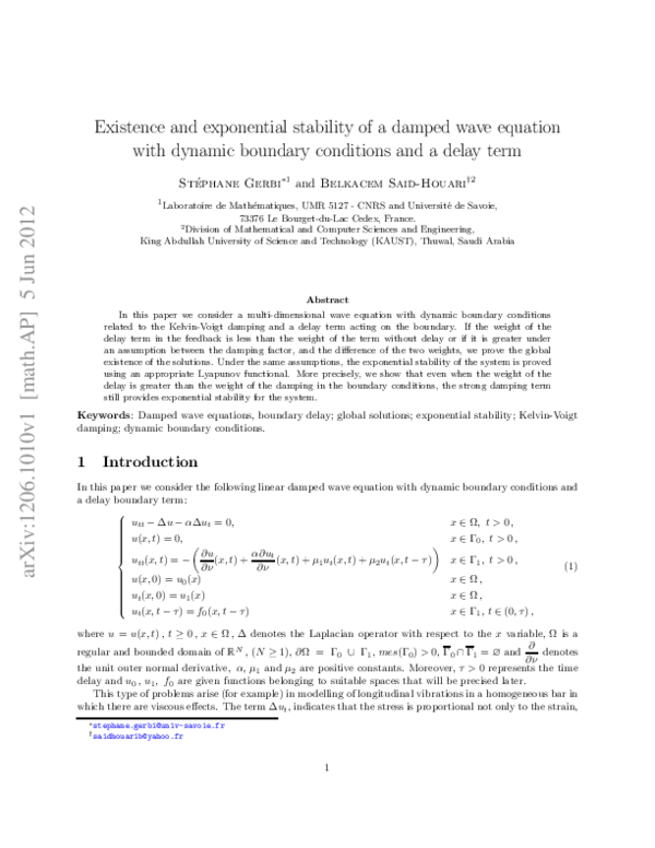 (PDF) Existence and exponential stability of a damped wave equation with dynamic boundary ...