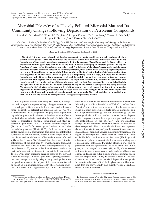 (PDF) Microbial diversity of a heavily polluted microbial mat and its ... (PDF) Microbial diversity of a heavily polluted microbial mat and its ...