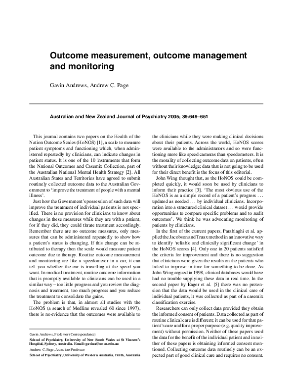 (PDF) Outcome measurement, outcome management and monitoring