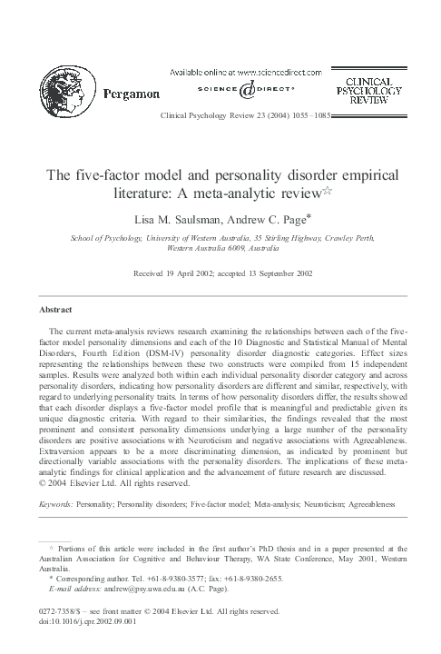 (PDF) The five-factor model and personality disorder empirical ...