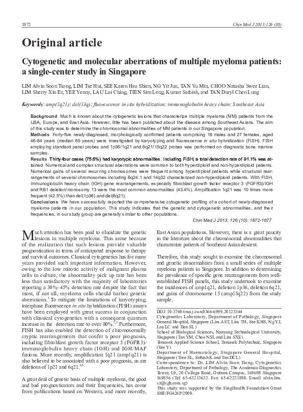 (PDF) Cytogenetic and molecular aberrations of multiple myeloma patients: a single-center study ...