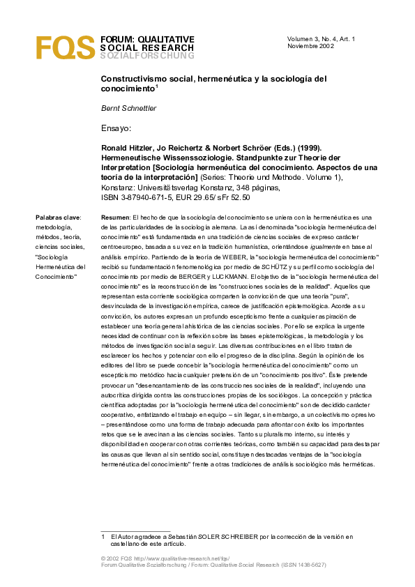 (PDF) Constructivismo social, hermenéutica y la sociología del conocimiento 1 Ensayo