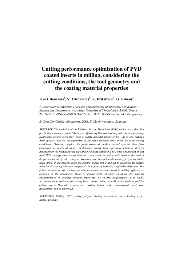(PDF) Cutting Performance Optimization of PVD Coated Inserts in Milling, Considering the Cutting ...