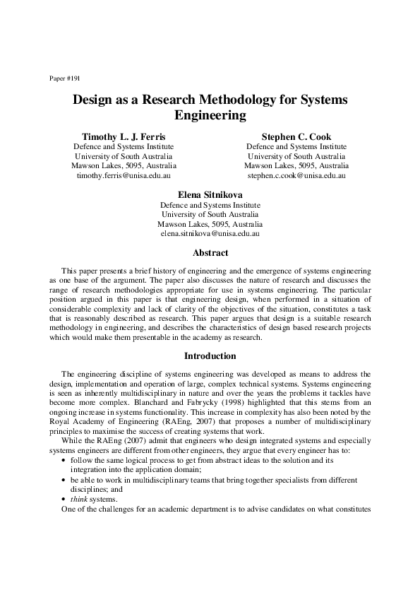 (PDF) Design as a Research Methodology for Systems Engineering