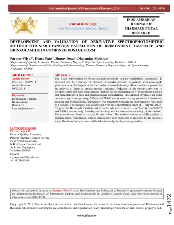 (PDF) DEVELOPMENT AND VALIDATION OF DERIVATIVE SPECTROPHOTOMETRIC METHOD FOR SIMULTANEOUS ...