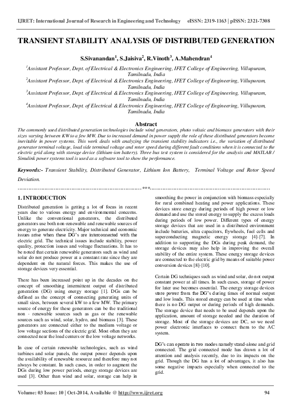 (PDF) TRANSIENT STABILITY ANALYSIS OF DISTRIBUTED GENERATION