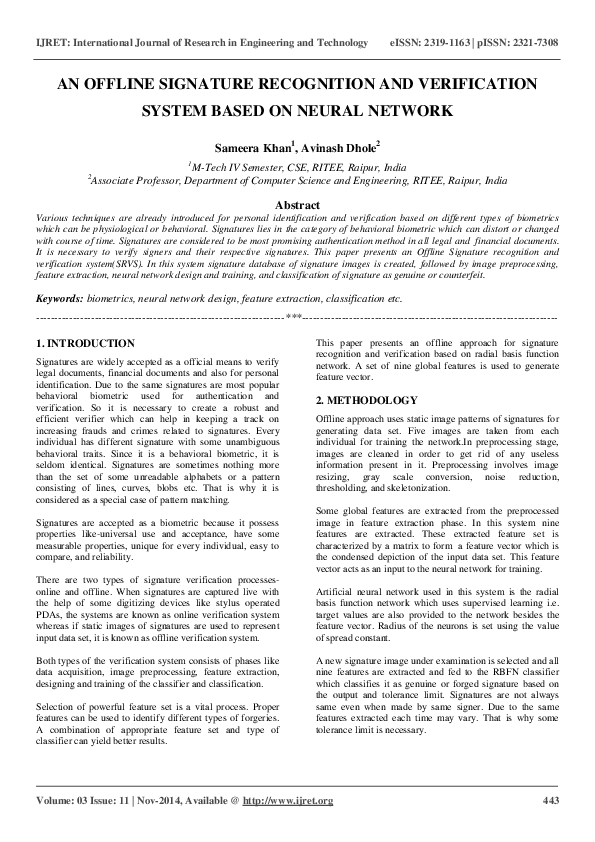 Pdf An Offline Signature Recognition And Verification System Based On Neural Network