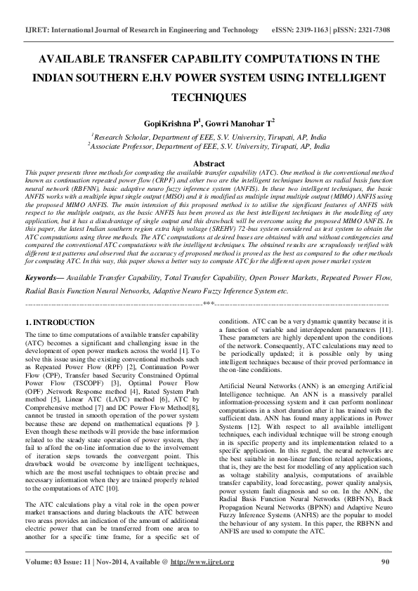 (PDF) AVAILABLE TRANSFER CAPABILITY COMPUTATIONS IN THE INDIAN SOUTHERN ...