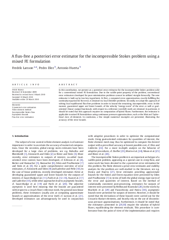 Pdf A Flux Free A Posteriori Error Estimator For The Incompressible Stokes Problem Using A