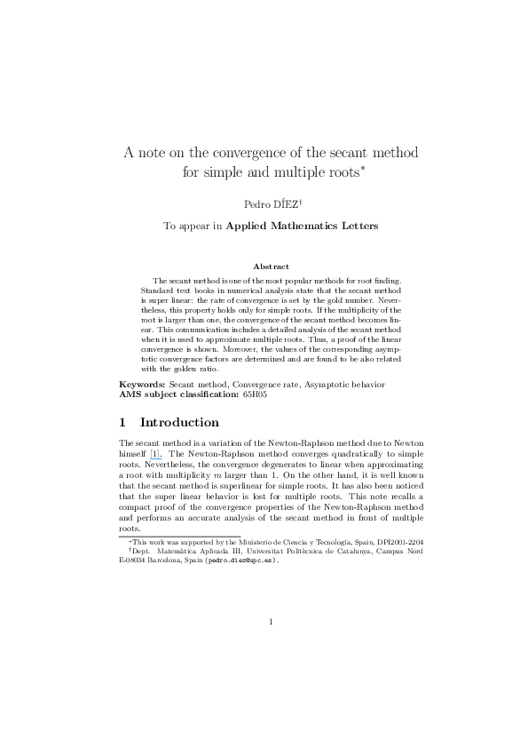 (PDF) A note on the convergence of the secant method for simple and ...