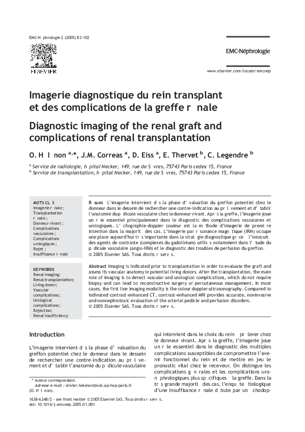 (PDF) Imagerie diagnostique du rein transplanté et des complications de ...