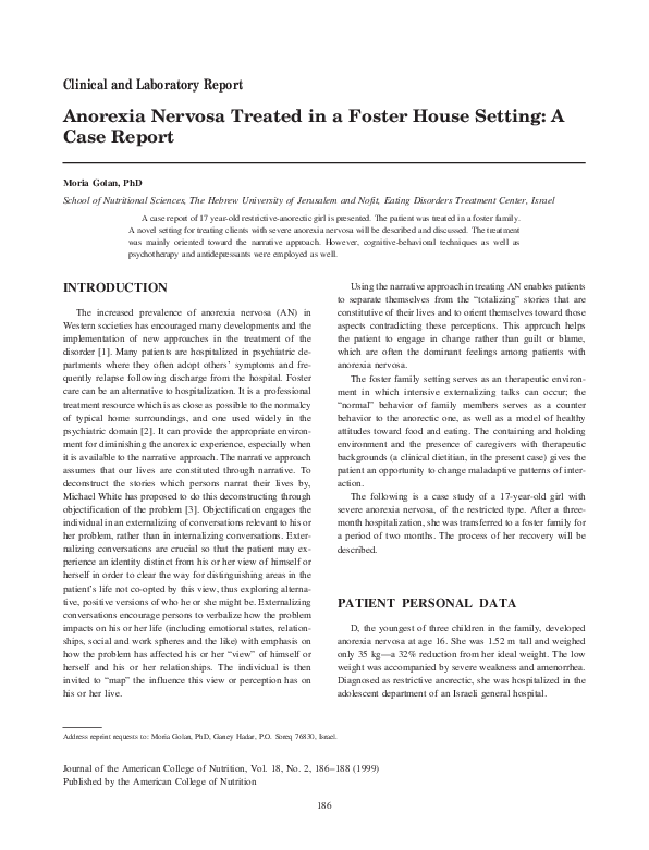 (PDF) Anorexia Nervosa Treated in a Foster House Setting: A Case Report