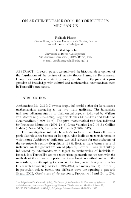 (PDF) On Archimedean Roots in Torricelli’s Mechanics