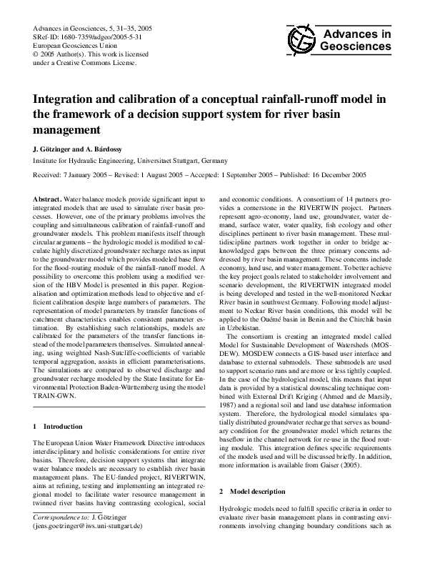 Pdf Integration And Calibration Of A Conceptual Rainfall Runoff Model In The Framework Of A