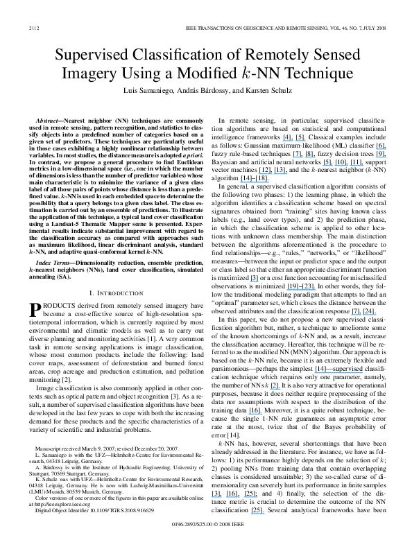 Pdf Supervised Classification Of Remotely Sensed Imagery Using A Modified K Nn Technique