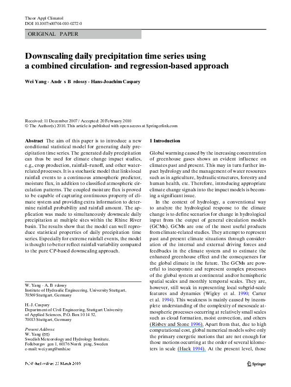 Pdf Downscaling Daily Precipitation Time Series Using A Combined Circulation And Regression