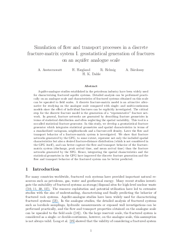 Pdf Simulation Of Flow And Transport Processes In A Discrete Fracture Matrix System I