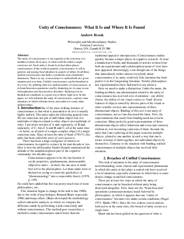 (PDF) Unity of consciousness: What it is and where it is found