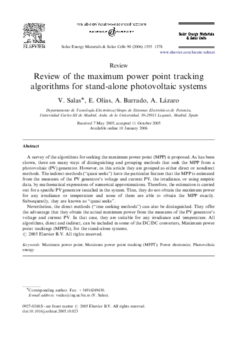 Pdf Review Of The Maximum Power Point Tracking Algorithms For Stand Alone Photovoltaic Systems 2570