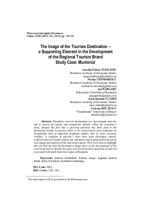 (PDF) The Image of the Tourism Destination – a Supporting Element in ...