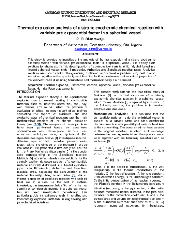 (PDF) Thermal explosion analysis of a strong exothermic chemical ...