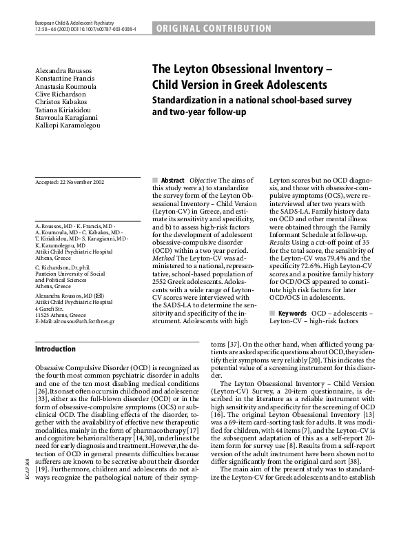 (PDF) The Leyton Obsessional Inventory - Child Version in Greek Adolescents