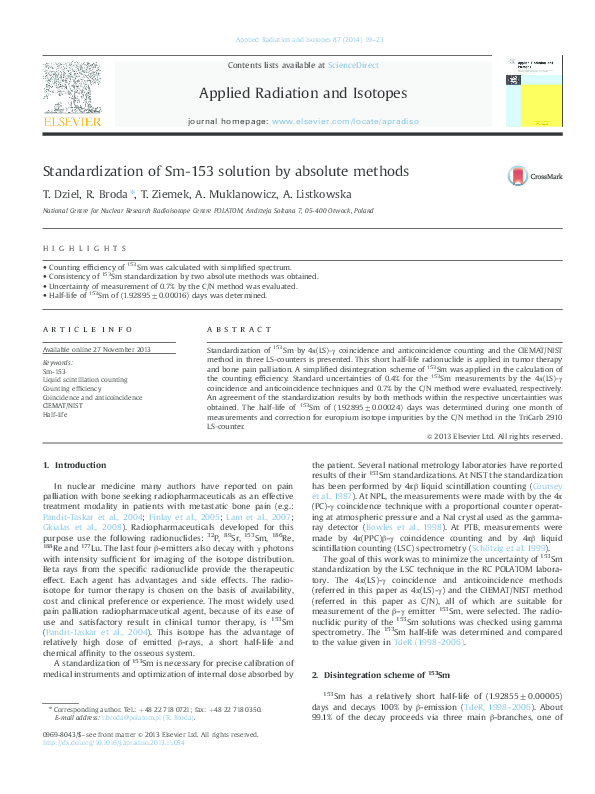 (PDF) Standardization of Sm-153 solution by absolute methods | Tomasz ...