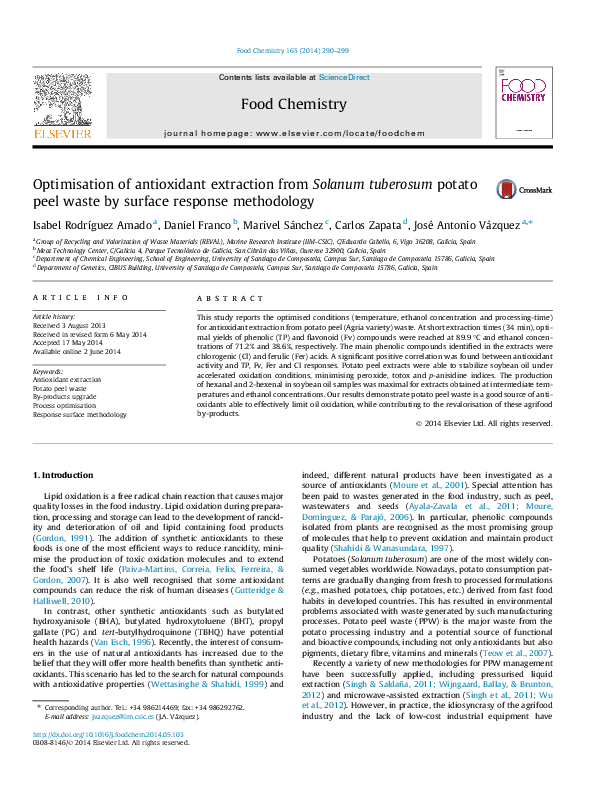(PDF) Optimisation of antioxidant extraction from Solanum tuberosum potato peel waste by surface ...