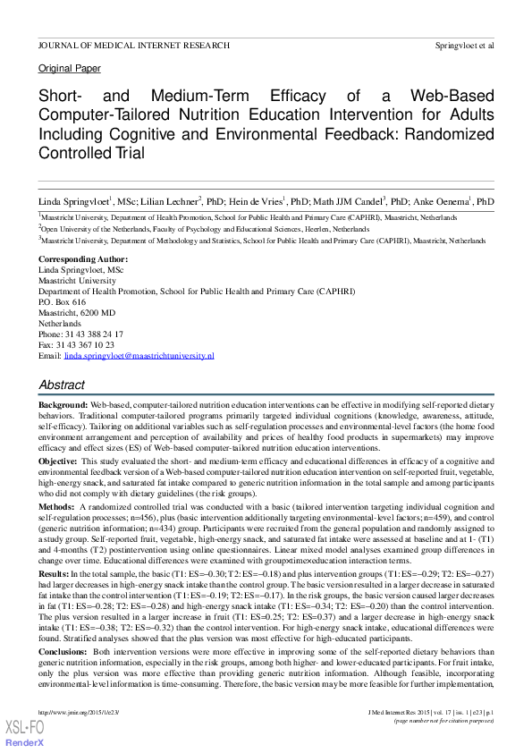 (PDF) Short- and Medium-Term Efficacy of a Web-Based Computer-Tailored Nutrition Education ...