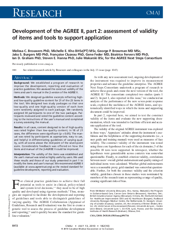 (PDF) Development of the AGREE II, part 2: assessment of validity of ...